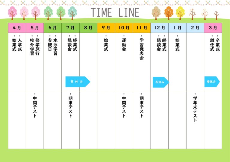 Excel・Word形式の年間スケジュール表のA4テンプレート・四季に合わせて色が変わる…｜イラストボックス「プレミアム」テンプレート