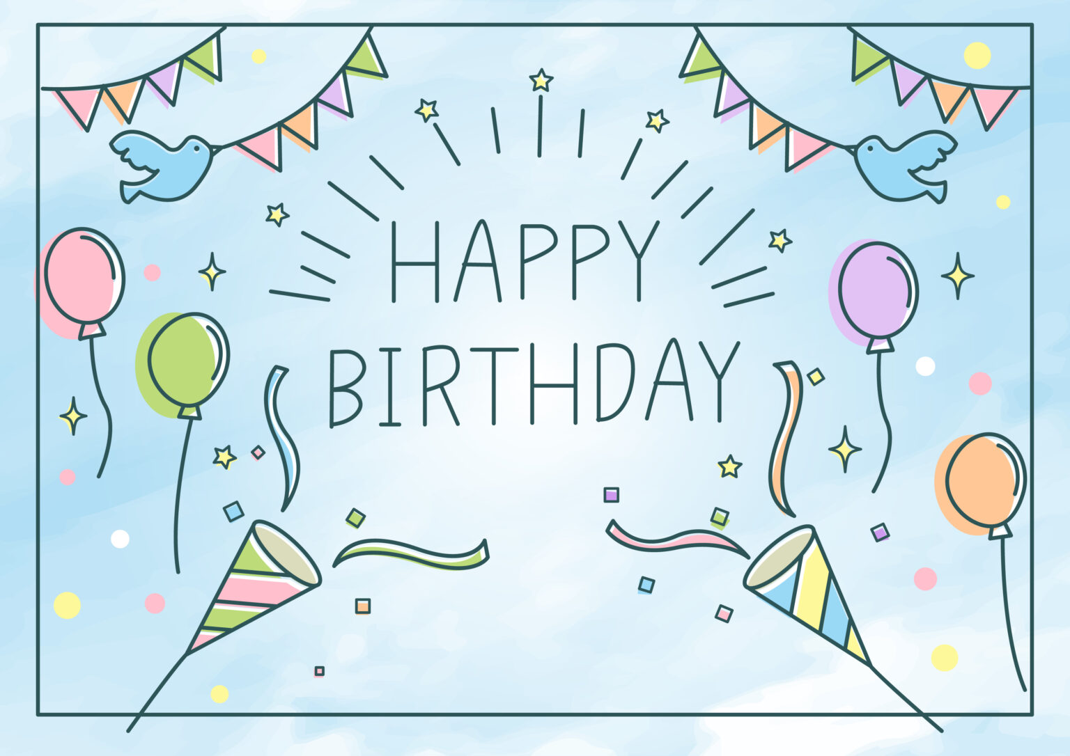 【簡単印刷・お誕生日カード】ガーランド、風船、クラッカー、青い鳥とパーティー要素が詰まっ…｜イラストボックス「プレミアム」テンプレート