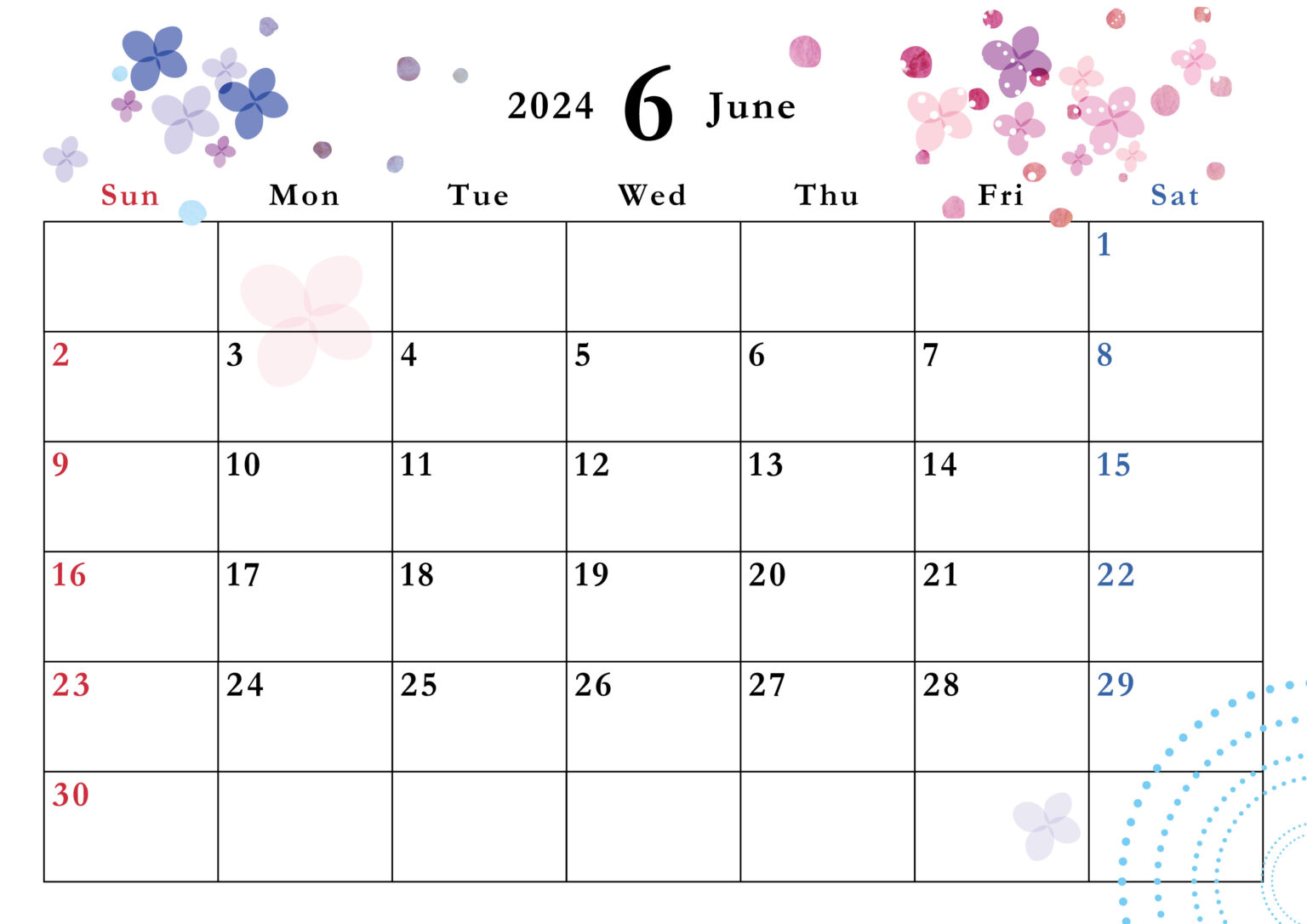 月間カレンダーのおしゃれ＆かわいいイラスト「6月」2024年・令和6年版のテンプレート素材をダウンロード｜イラストボックス「プレミアム」テンプレート