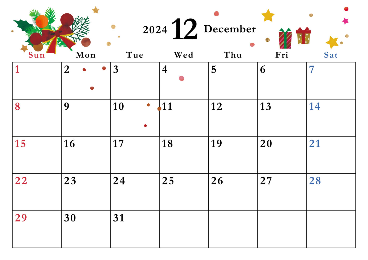 2024年12月のかわいいカレンダーイラスト素材・クリスマスデザインや和風テイストのおしゃれなテンプレート｜イラストボックス「プレミアム」テンプレート
