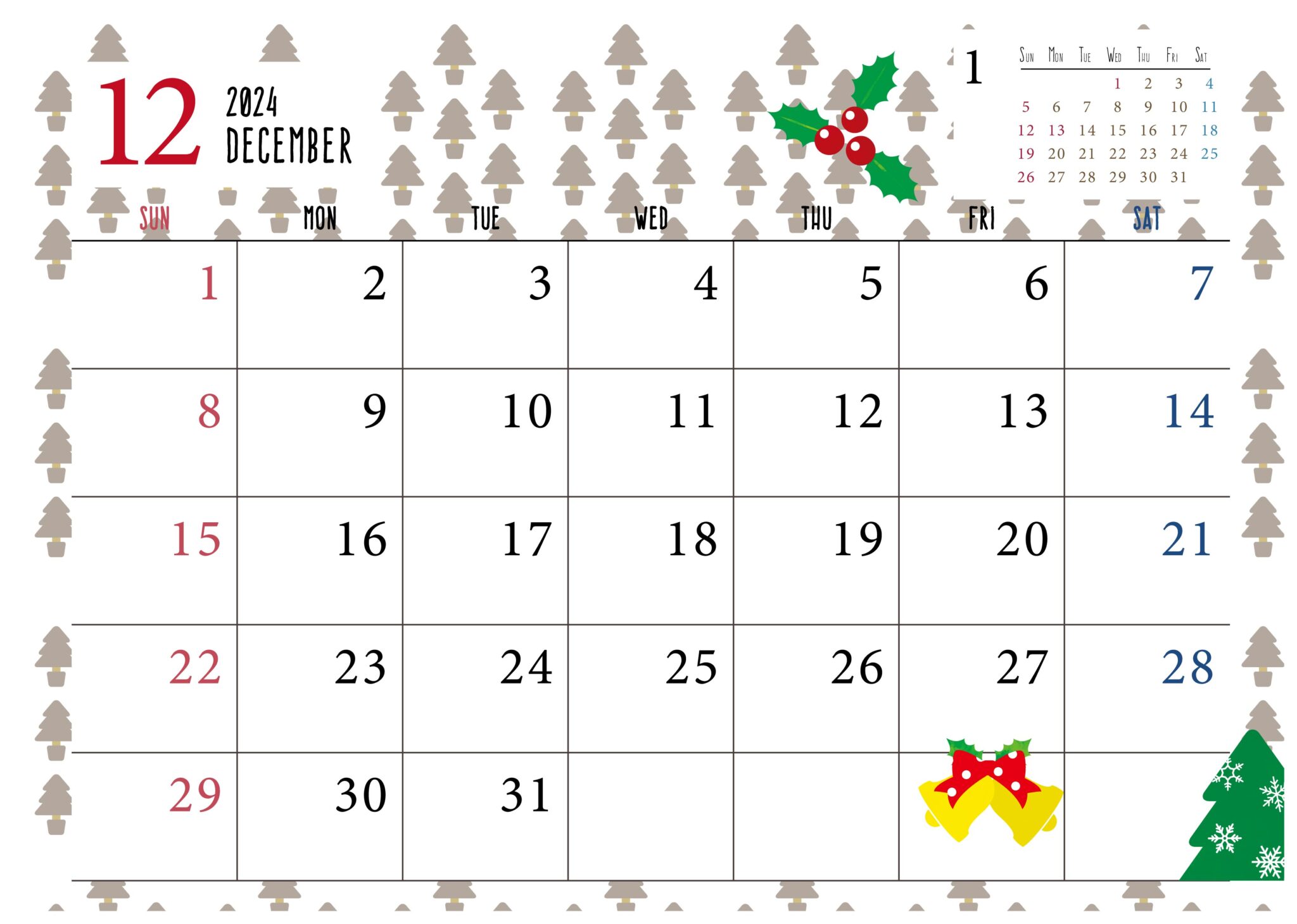 2024年12月のかわいいカレンダーイラスト素材・クリスマスデザインや和風テイストのおしゃれなテンプレート｜イラストボックス「プレミアム」テンプレート